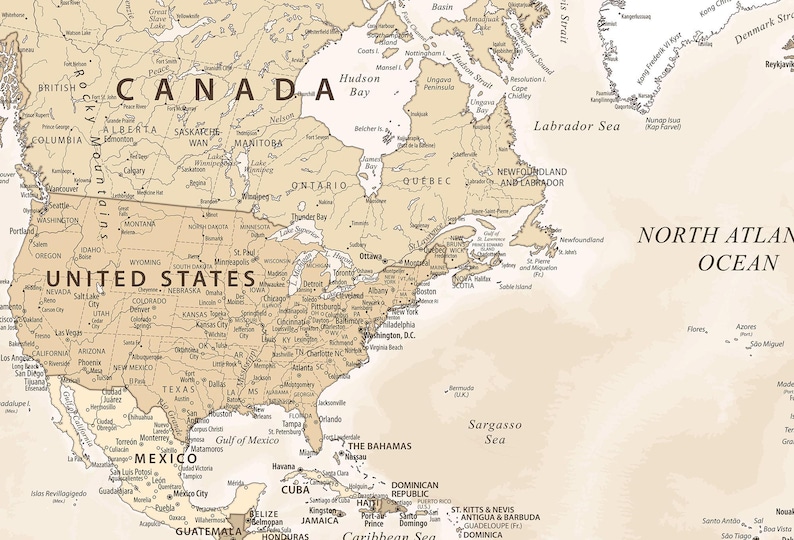 Map of the World With Countries - Printable Beige Map | Digital Neutral ...