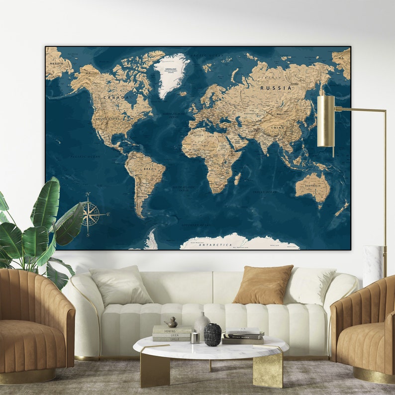 Digital Political Blue & Gold World Map Printable Vintage Styled High ...