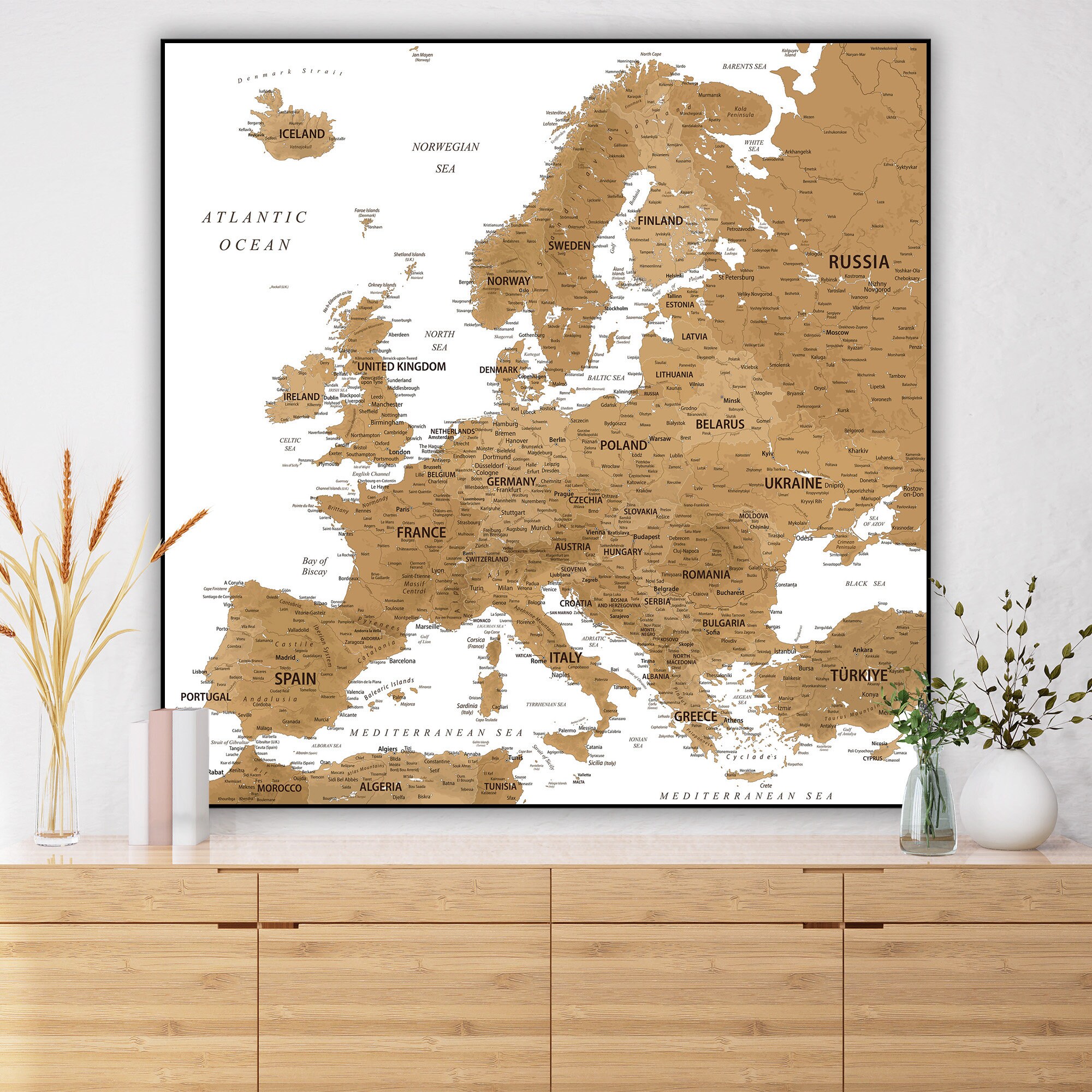 Printable Brown Europe Map Detailed Map of Europe Cities Countries ...