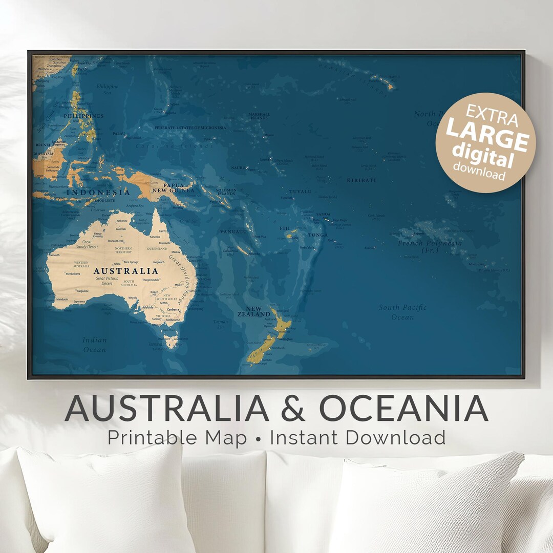 Australia Map, Philippines, New Zealand & Oceania Map Navy Blue ...