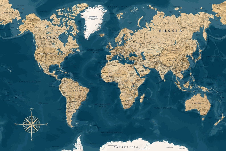Printable Vintage World Map – Antique Style Digital Download Blue ...
