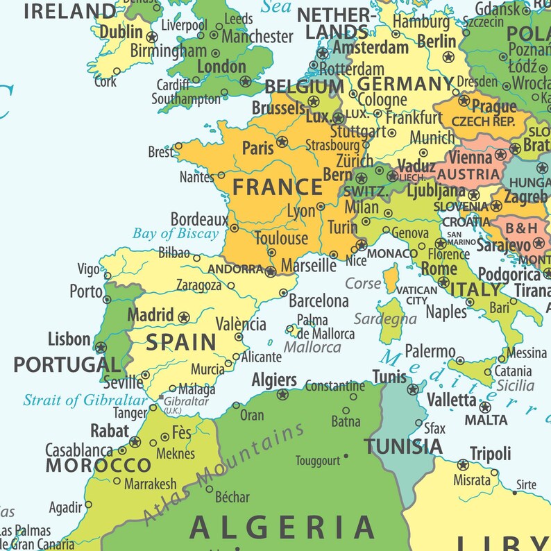 Digital World Map Poster With Countries Wall Art Decor Map, Detailed ...