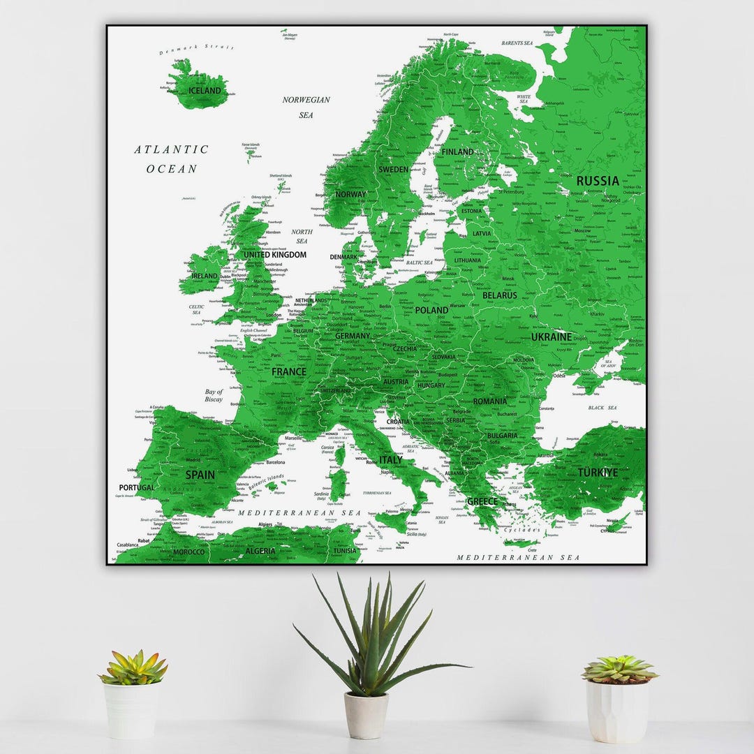 Detailed Europe Map Green Topographic Print | Europe Printable Map ...