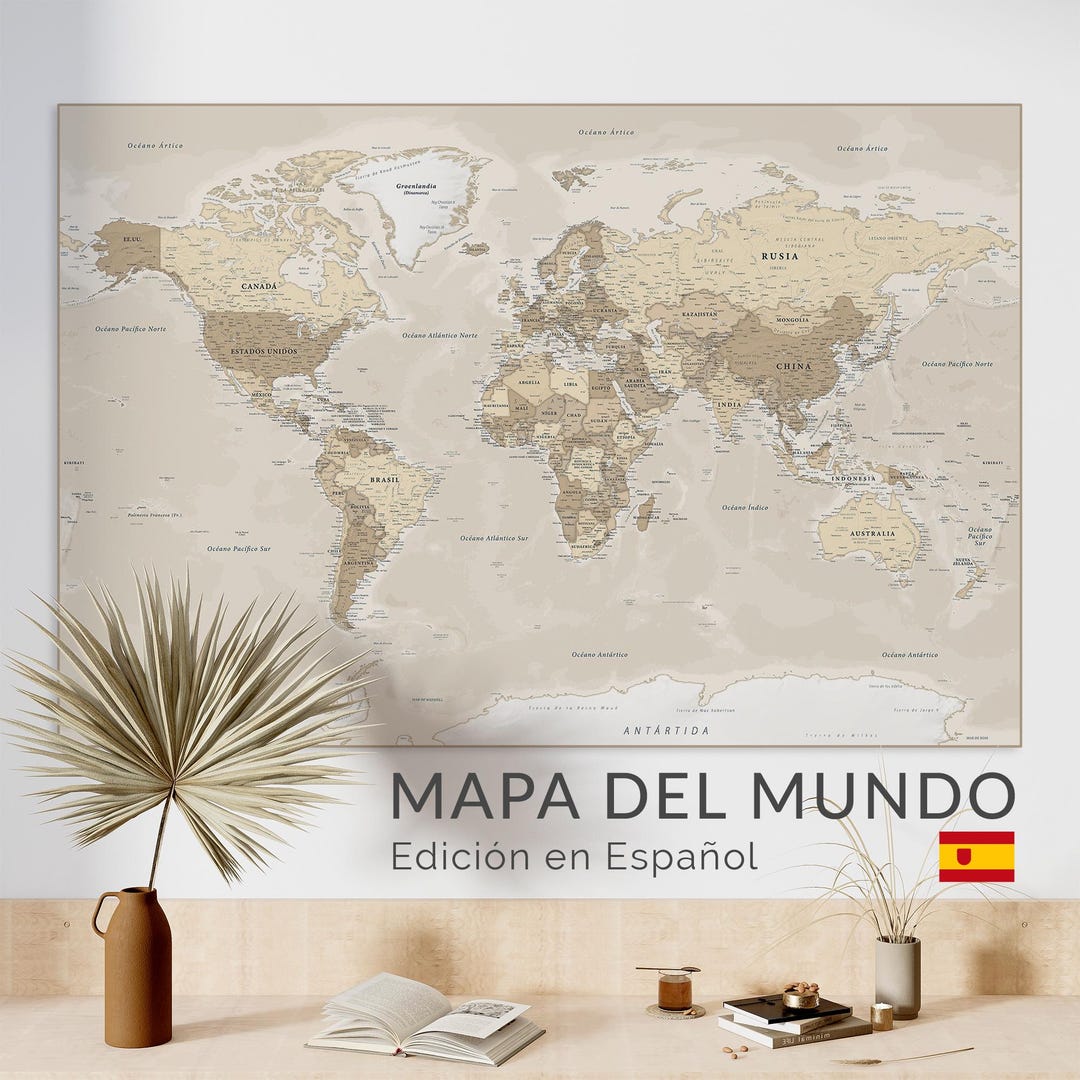 Spanish World Map Neutral Colors - Digital Download Printable Map ...