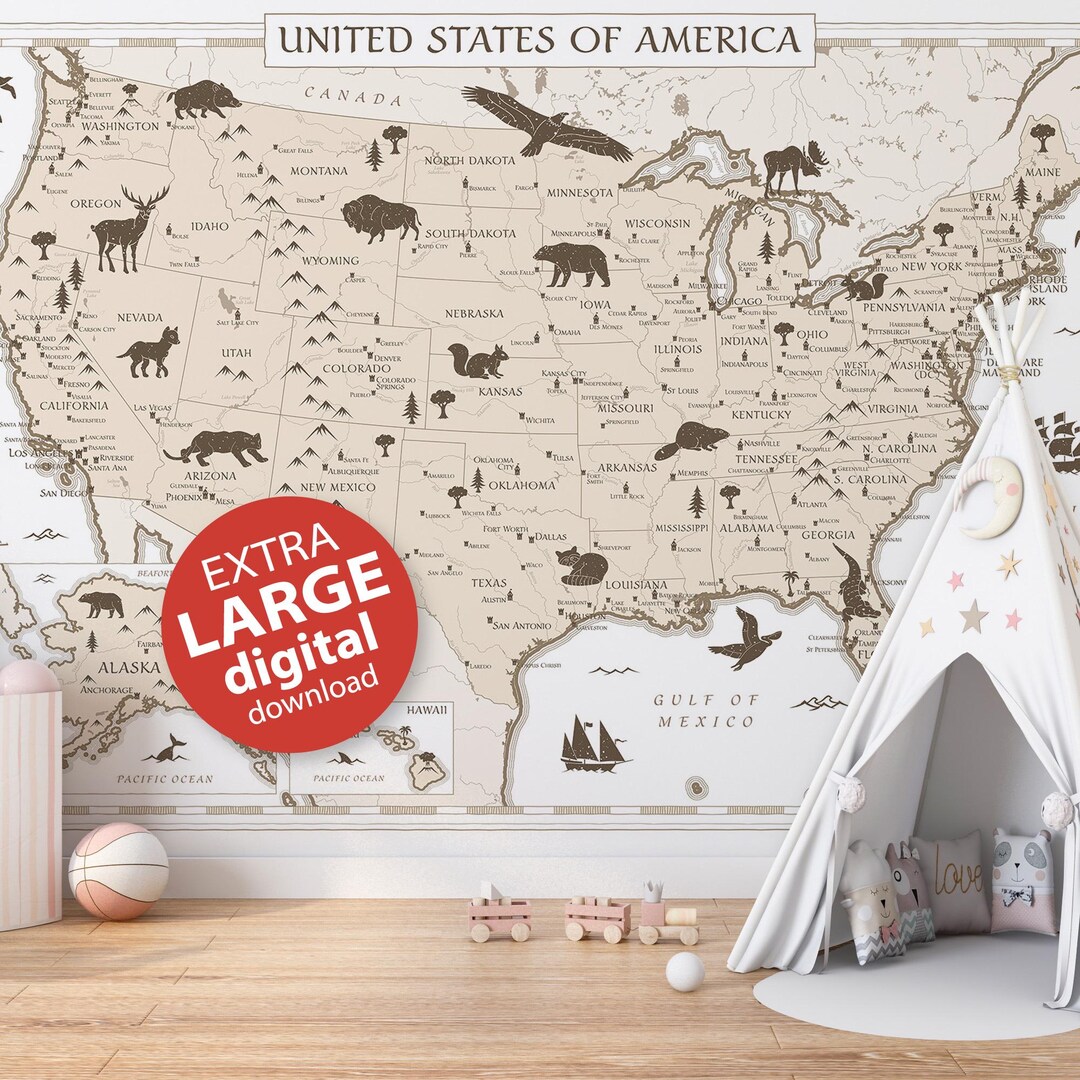 United States Map Educational Poster - Printable USA Map, Kids Wall Art ...