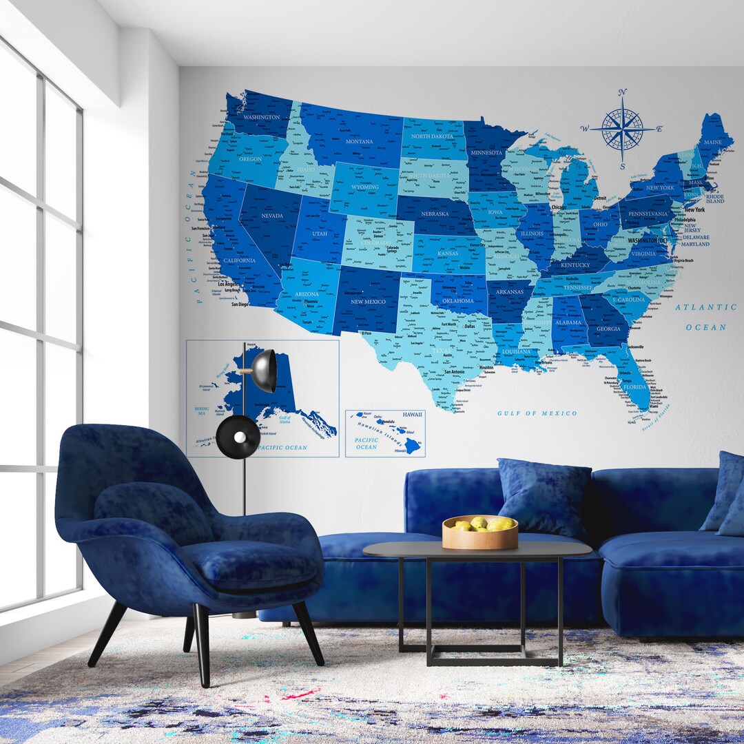Detailed USA Map Poster Navy Blue White - Large Digital Download US Map ...