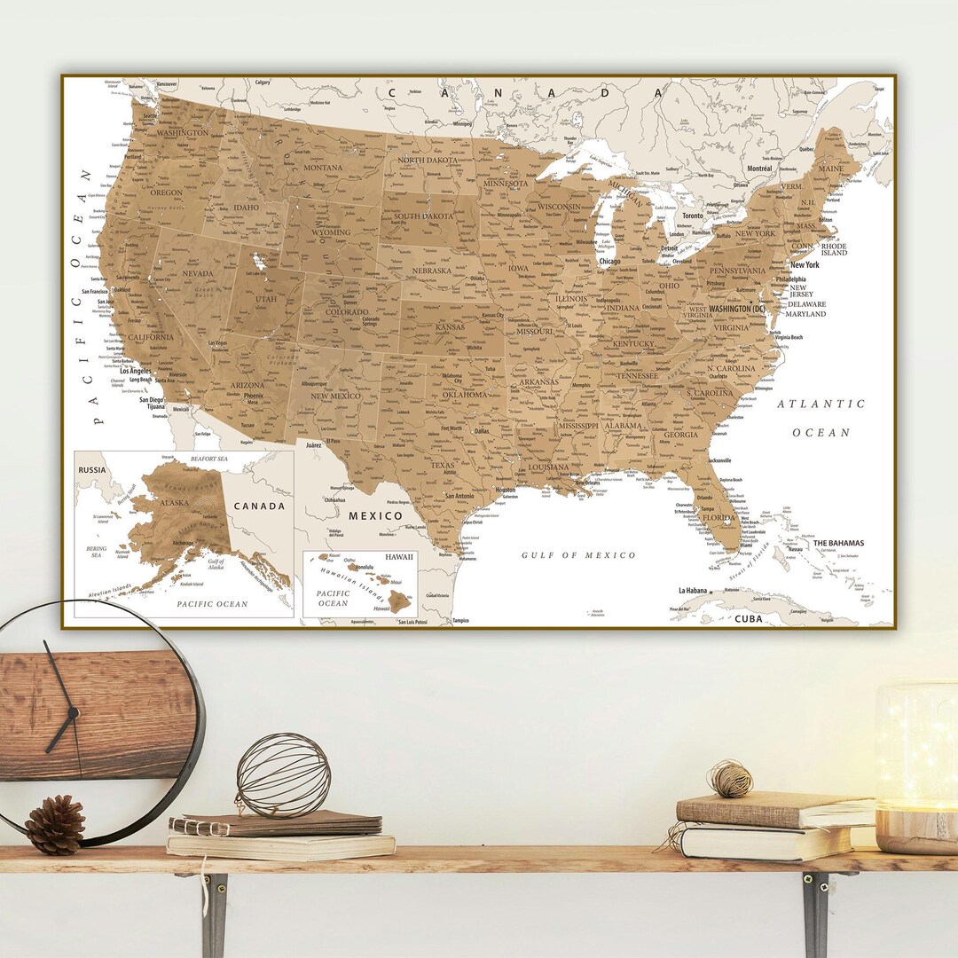 Buy Printable US Map With Cities - Neutral Tones Wall Art, United ...