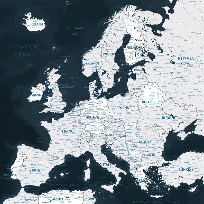 Printable Black & Grey Europe Map Square Europe Map for Posters ...
