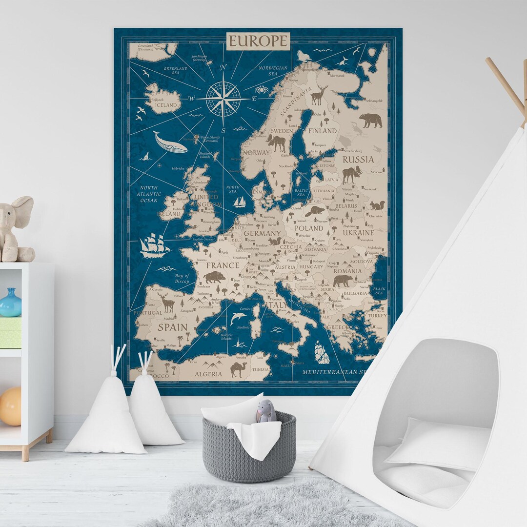 Printable EUROPE MAP for Kids Digital Blue Map of Europe, European Map ...