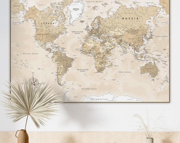 Detailed Printable World Map Art in Blush and Hunter BLUE Map of the ...