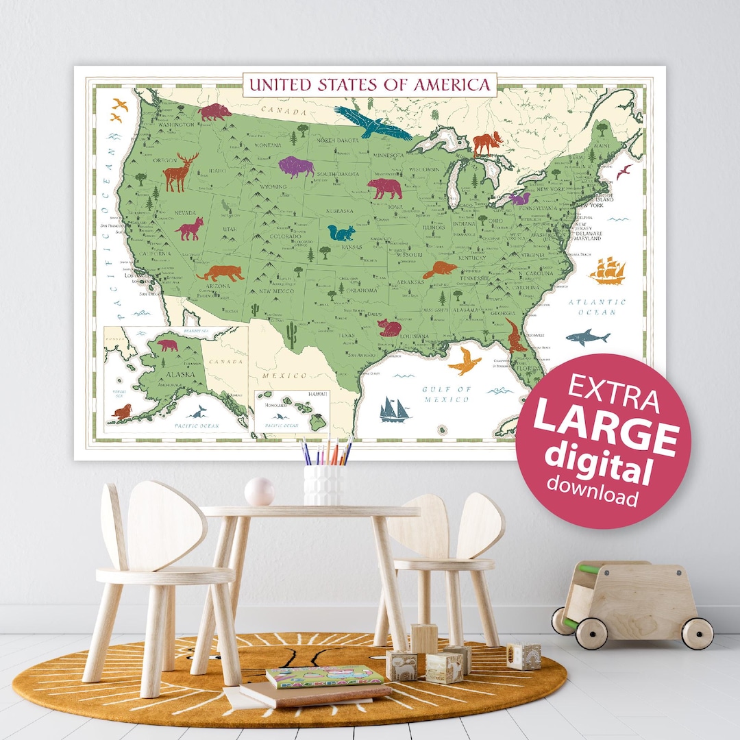 United States Map Digital - Kids Wall Art Room Decor, Educational ...