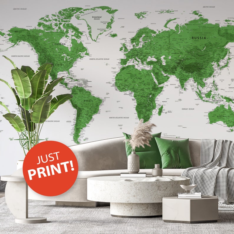 Printable World Map - Large Green Colors Wall Art Map, Country Labels ...