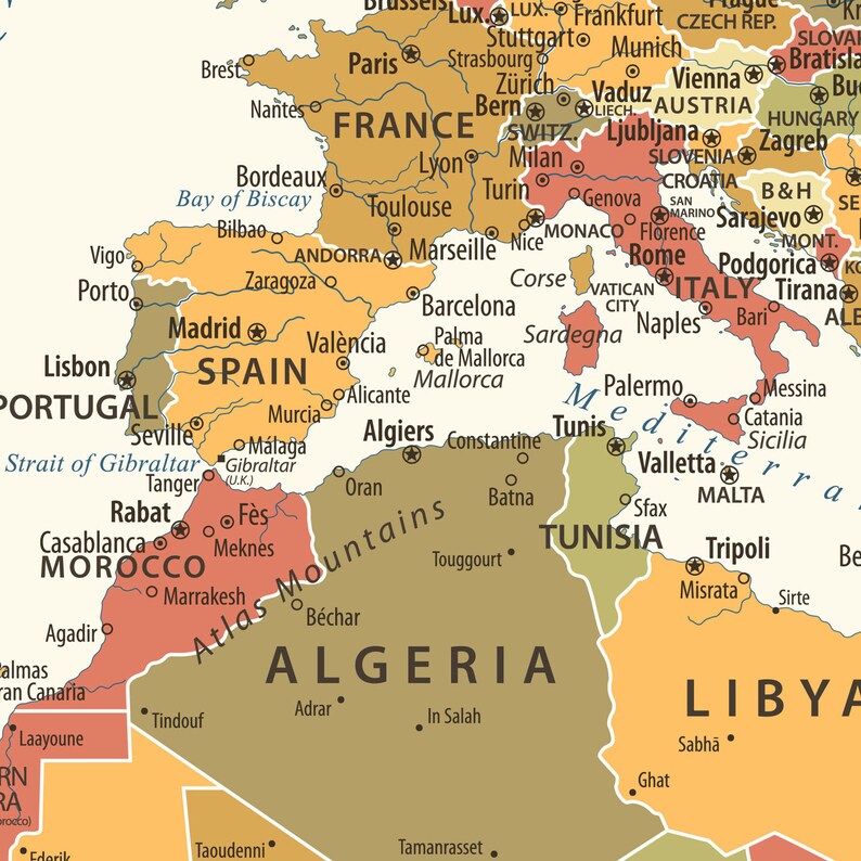 World Map Detailed Printable Poster - Warm Map Print Digital Download ...