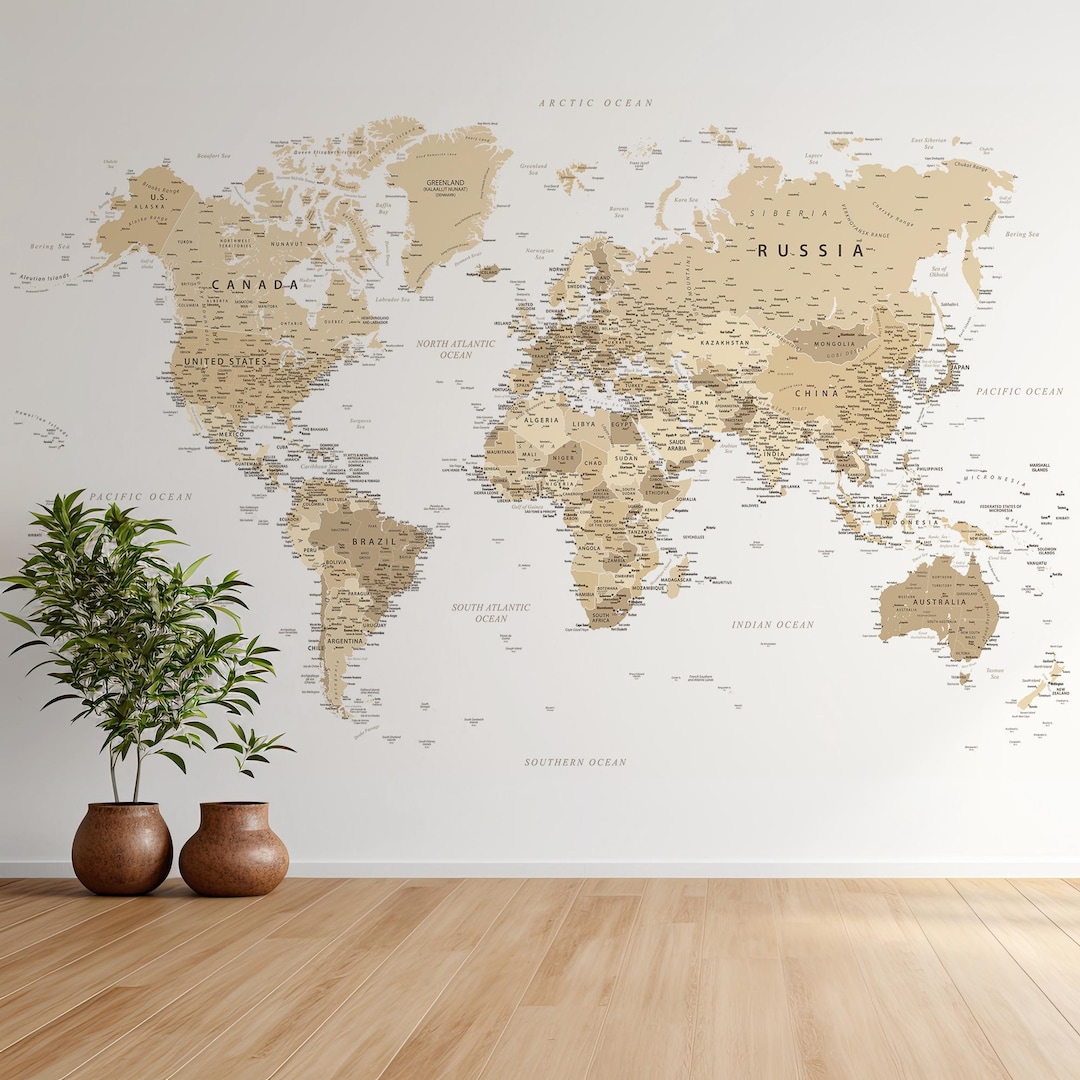 Detailed Printable World Map Neutral Beige Colors, Downloadable Large ...
