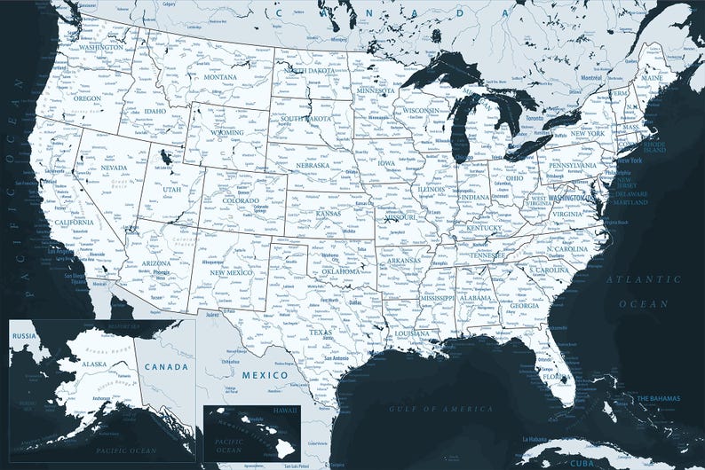 Detailed United States Map Poster - Black, White and Blue (digital ...