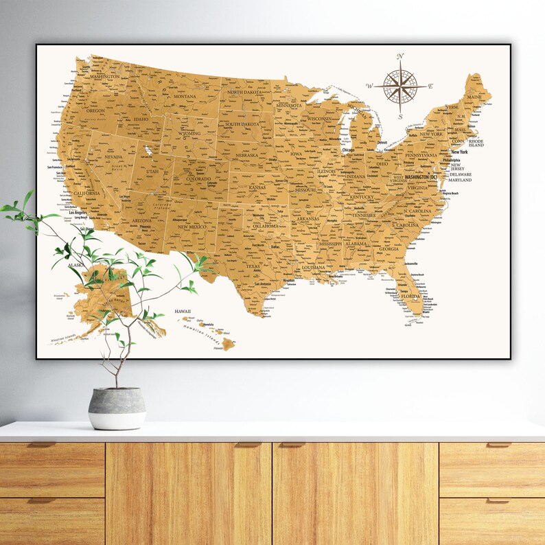 Printable Beige US States Map Poster Large Print Map of the United ...