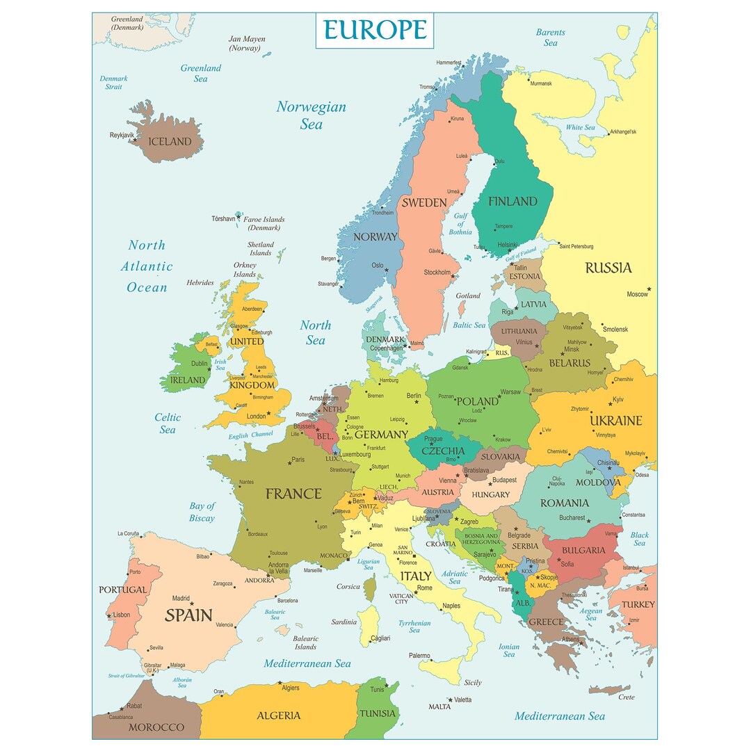 Digital Set 4 European Maps: Labeled Europe Countries and Big Cities ...