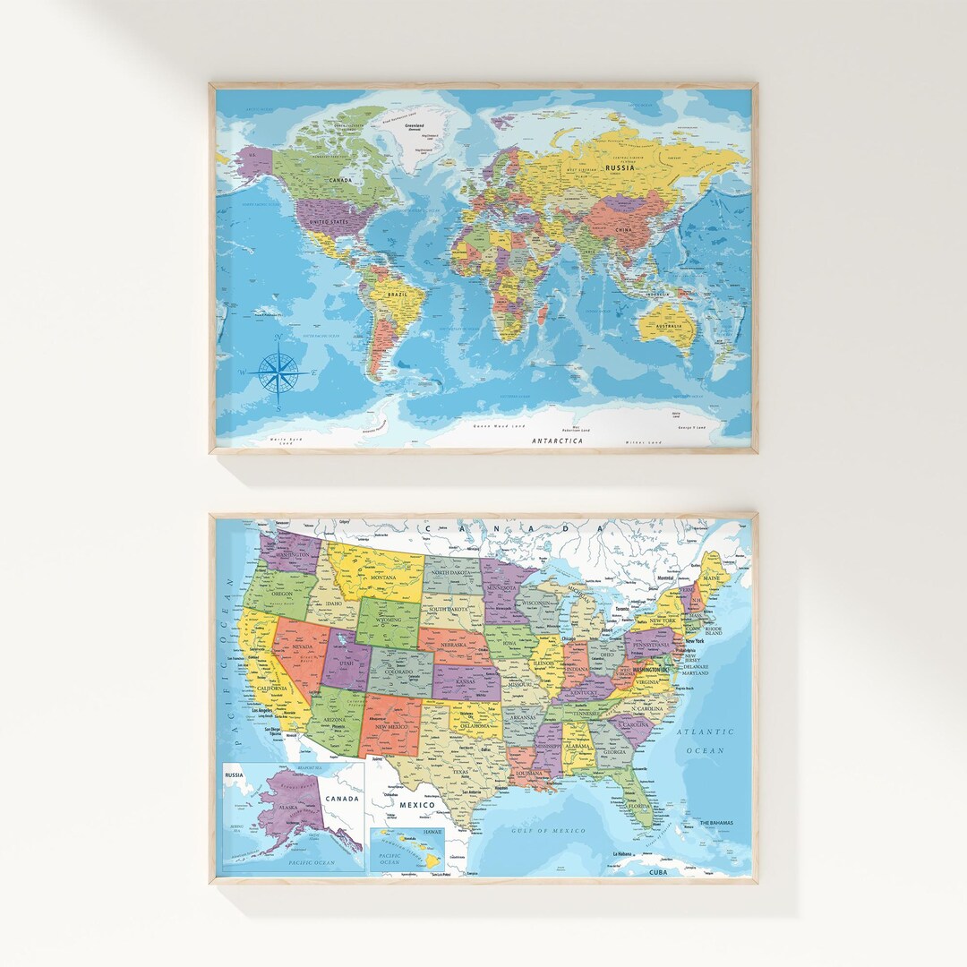 World and US Maps Set – Printable High-detail Maps Wall Art for Home or ...