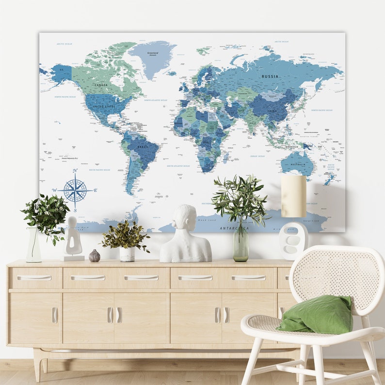 Printable Blue and Green Map Art Detailed World Map Design Ideal for ...