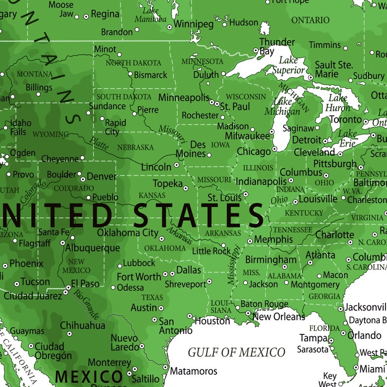 Printable World Map - Large Green Colors Wall Art Map, Country Labels ...