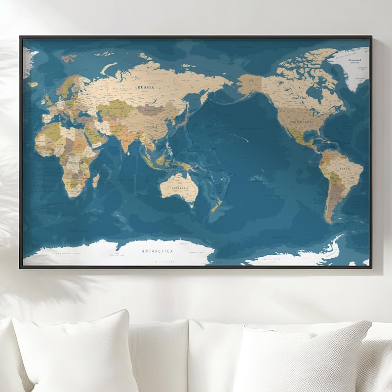 Pacific Centered World Map – Asia, Australia, New Zealand | Vintage ...