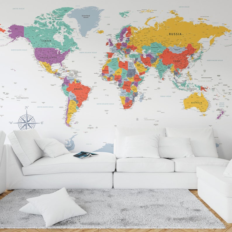 World Map Digital Poster - Large Wall Travel Map Print, Detailed ...