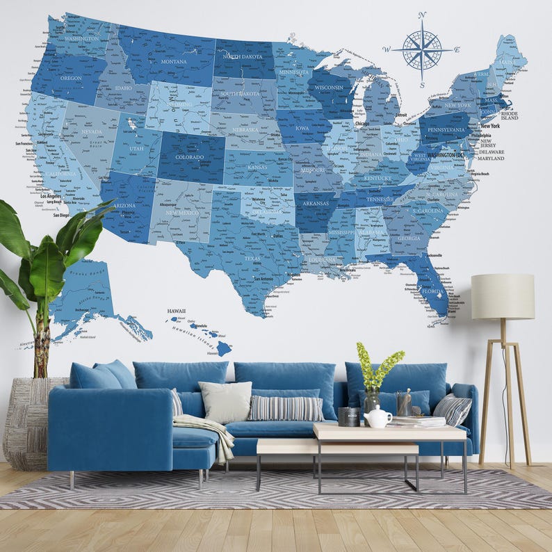Blue USA Map Printable – United States Map Large Poster (digital ...