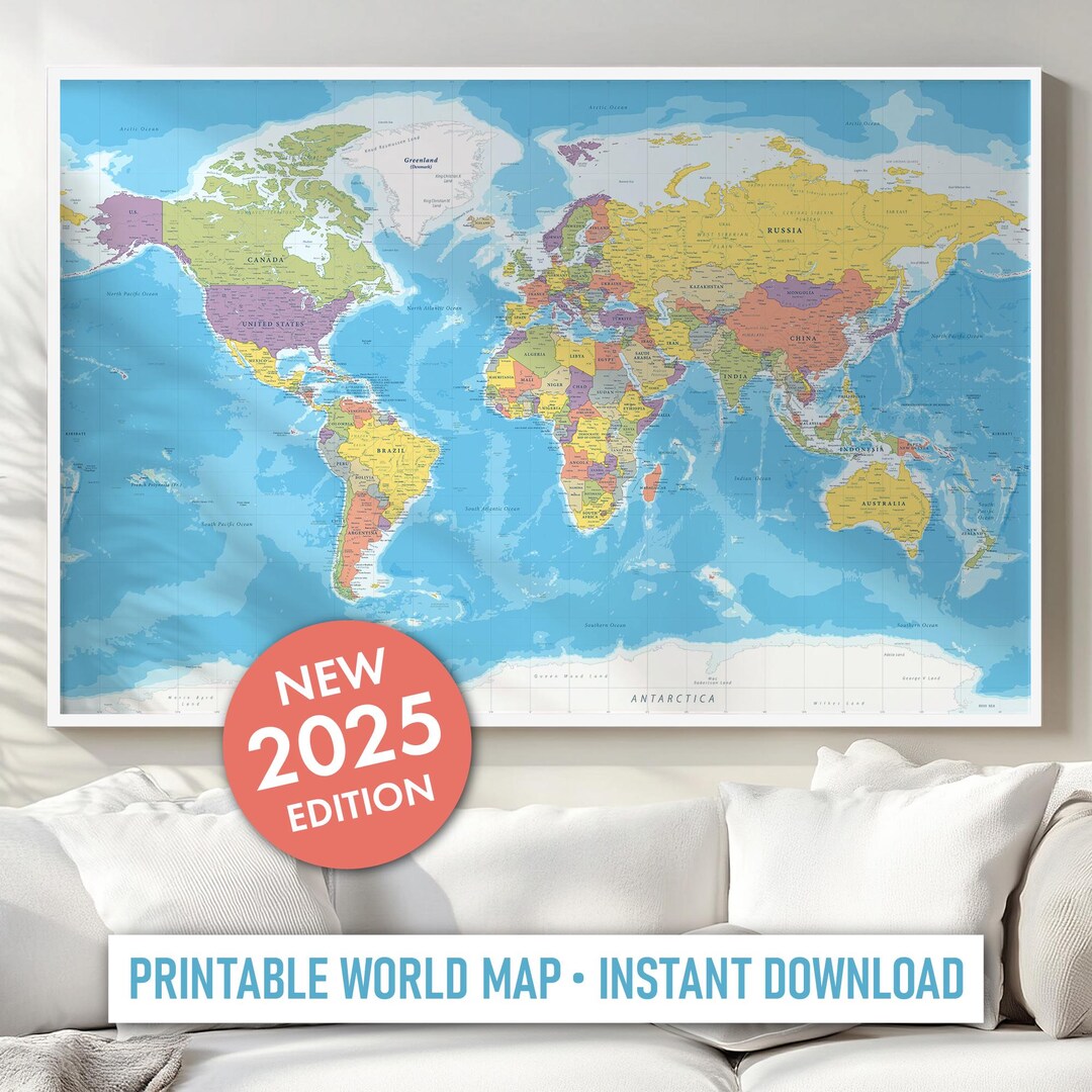 Detailed World Map Printable - Travel, Home & Study Wall Art Decor ...