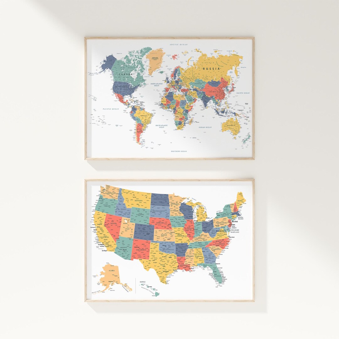 World Map With US Map Printable Set - Soft Colors Travel Wall Art ...