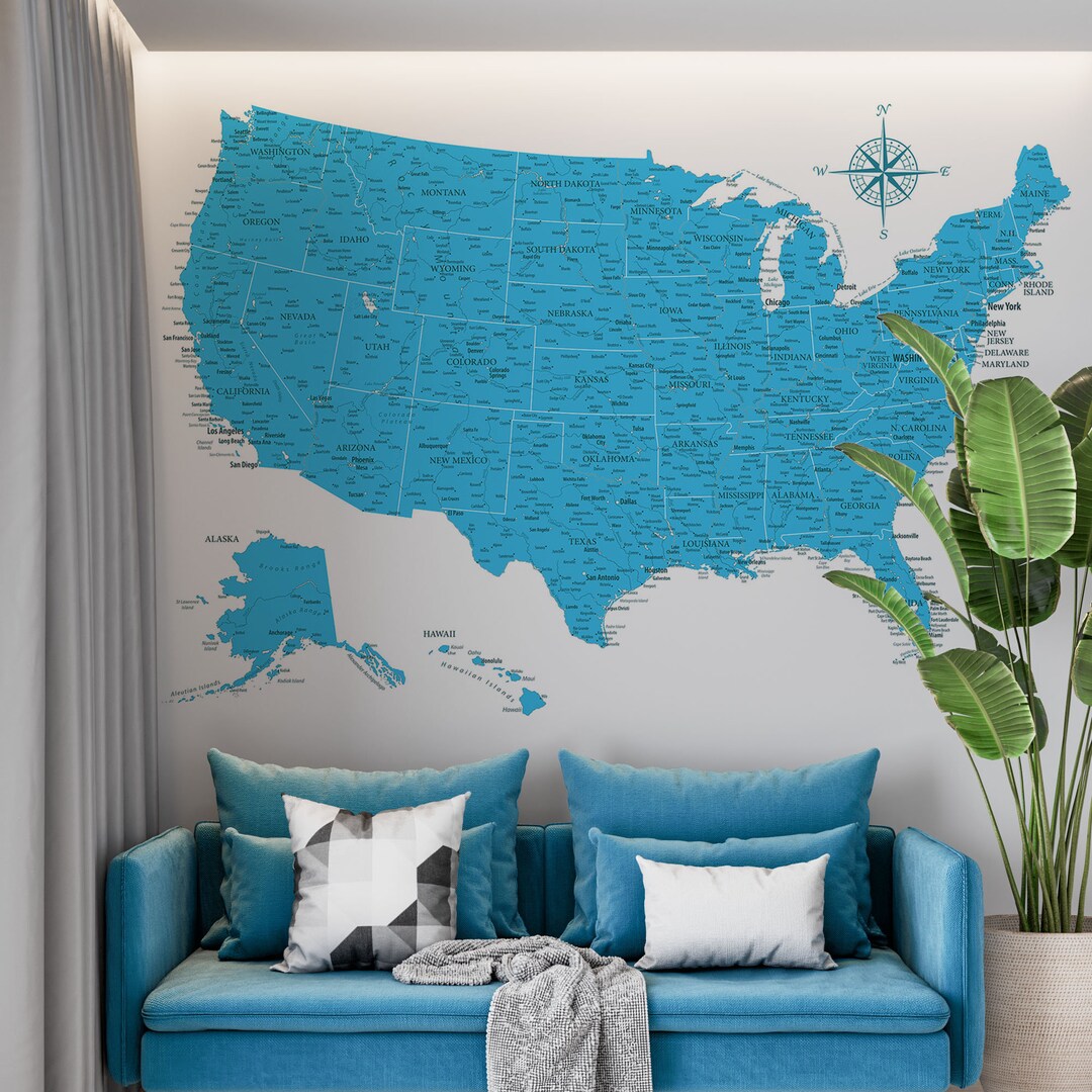 Educational Blue United States Map Printable Detailed USA Map Poster ...