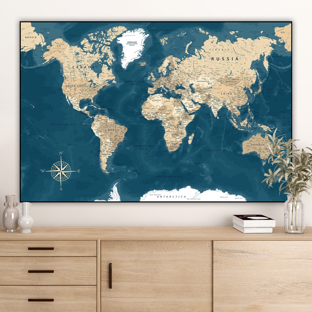 Navy Blue World Map Map of the World Digital Download Printable Map ...