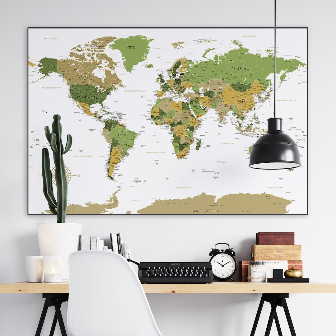 World Map Green Print | Digital World Map | Download Map With Countries ...