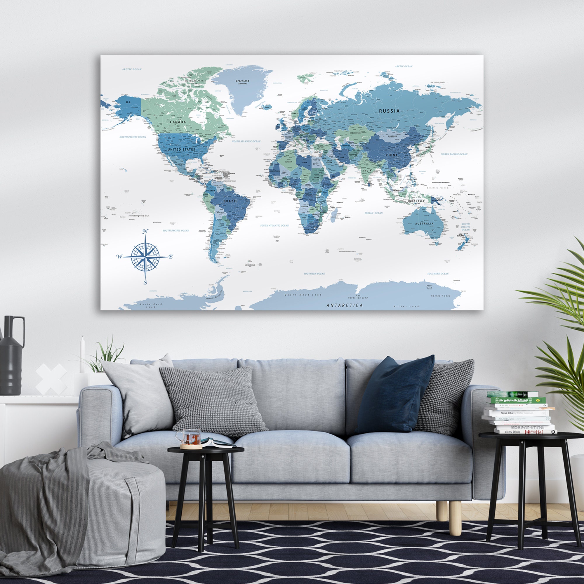 Printable Blue and Green Map Art Detailed World Map Design Ideal for ...