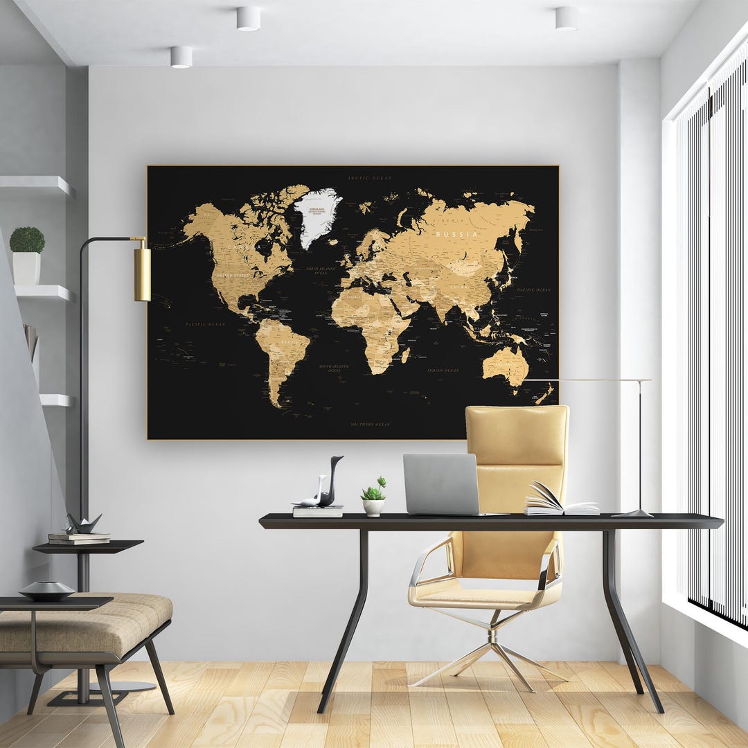 Printable Black & Gold World Map Wall Art | Large Black World Map ...