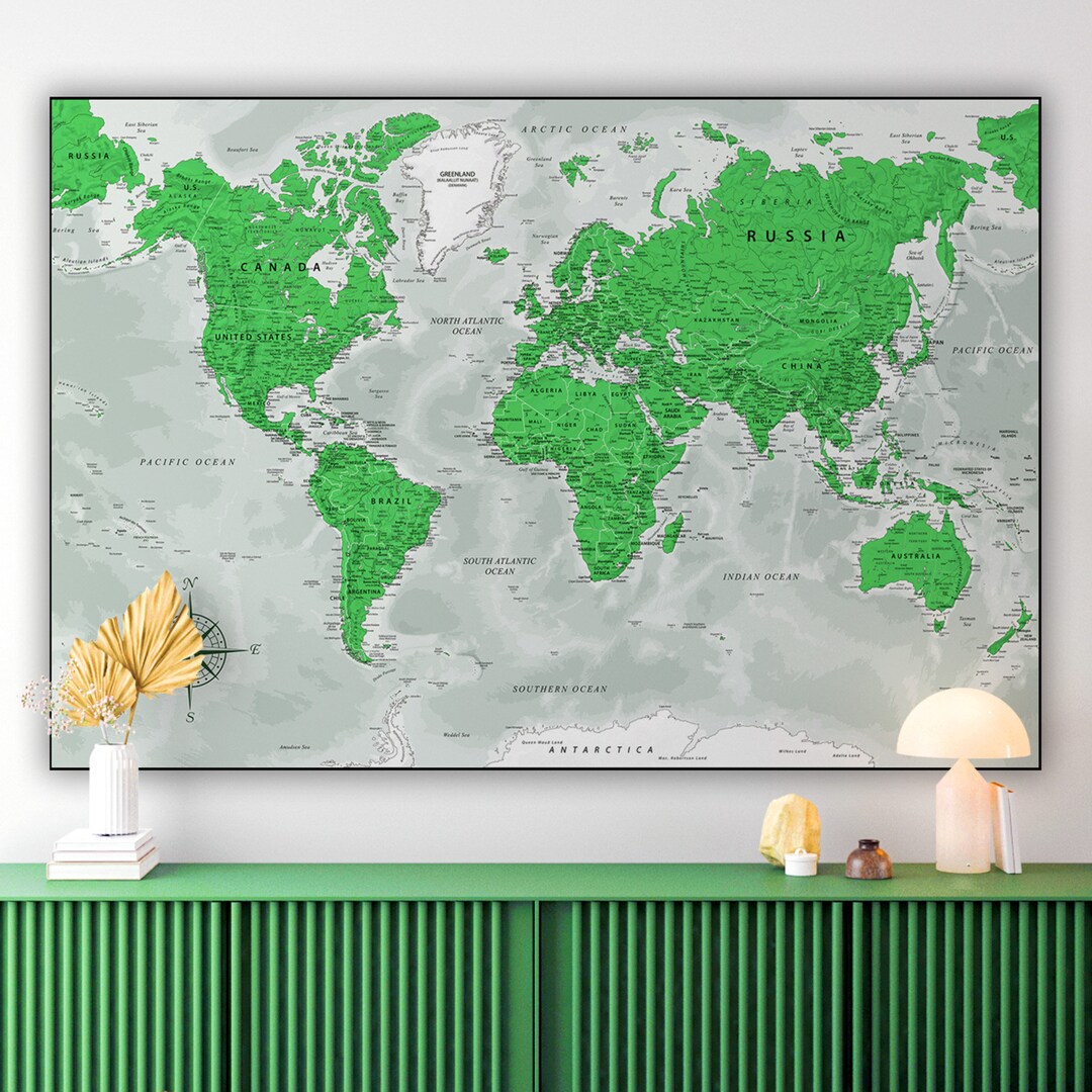 Green & Grey World Map - Printable Poster Art, Instant Download for ...