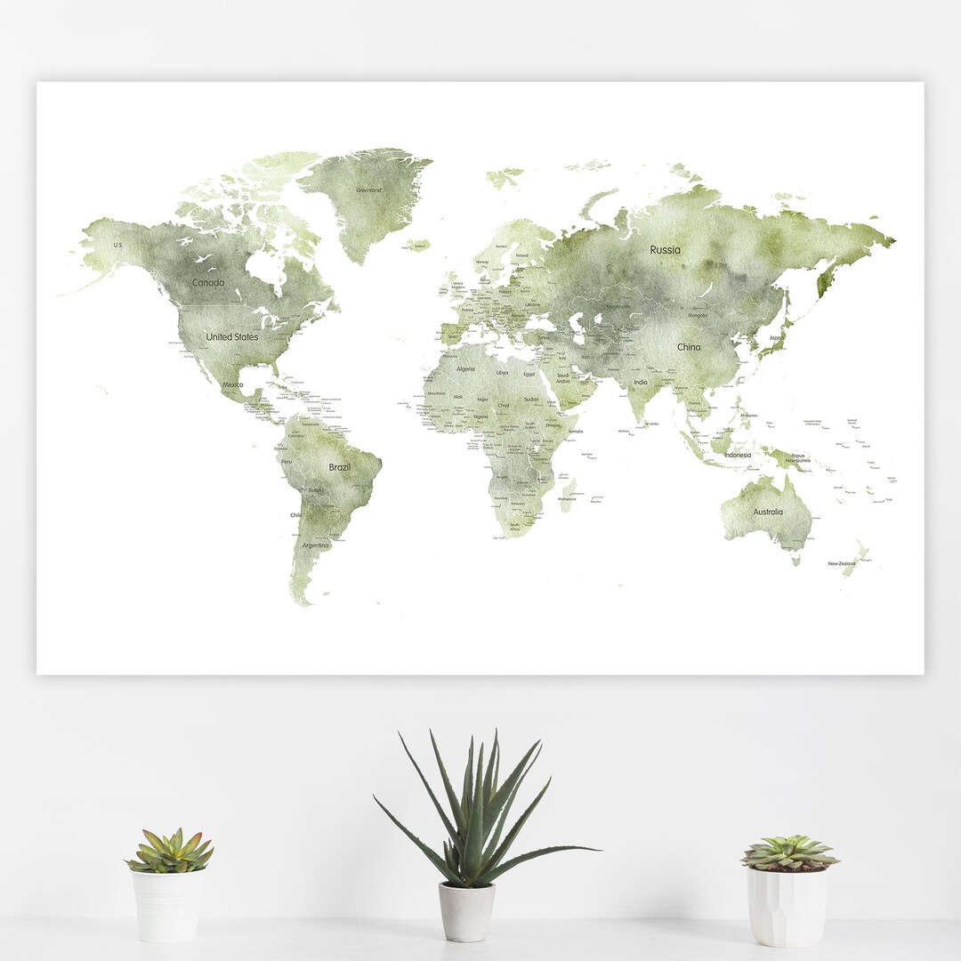 Large Printable Watercolor Map With Countries, Neutral Green World Map ...