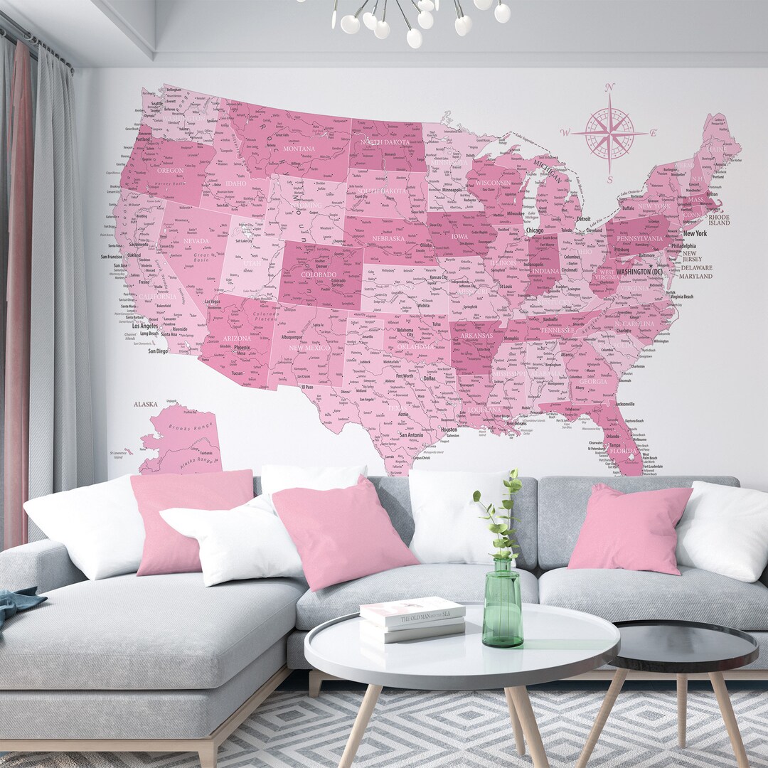 Digital Pink United States Map | Pink Wall Art | Girls Gifts | Kids ...