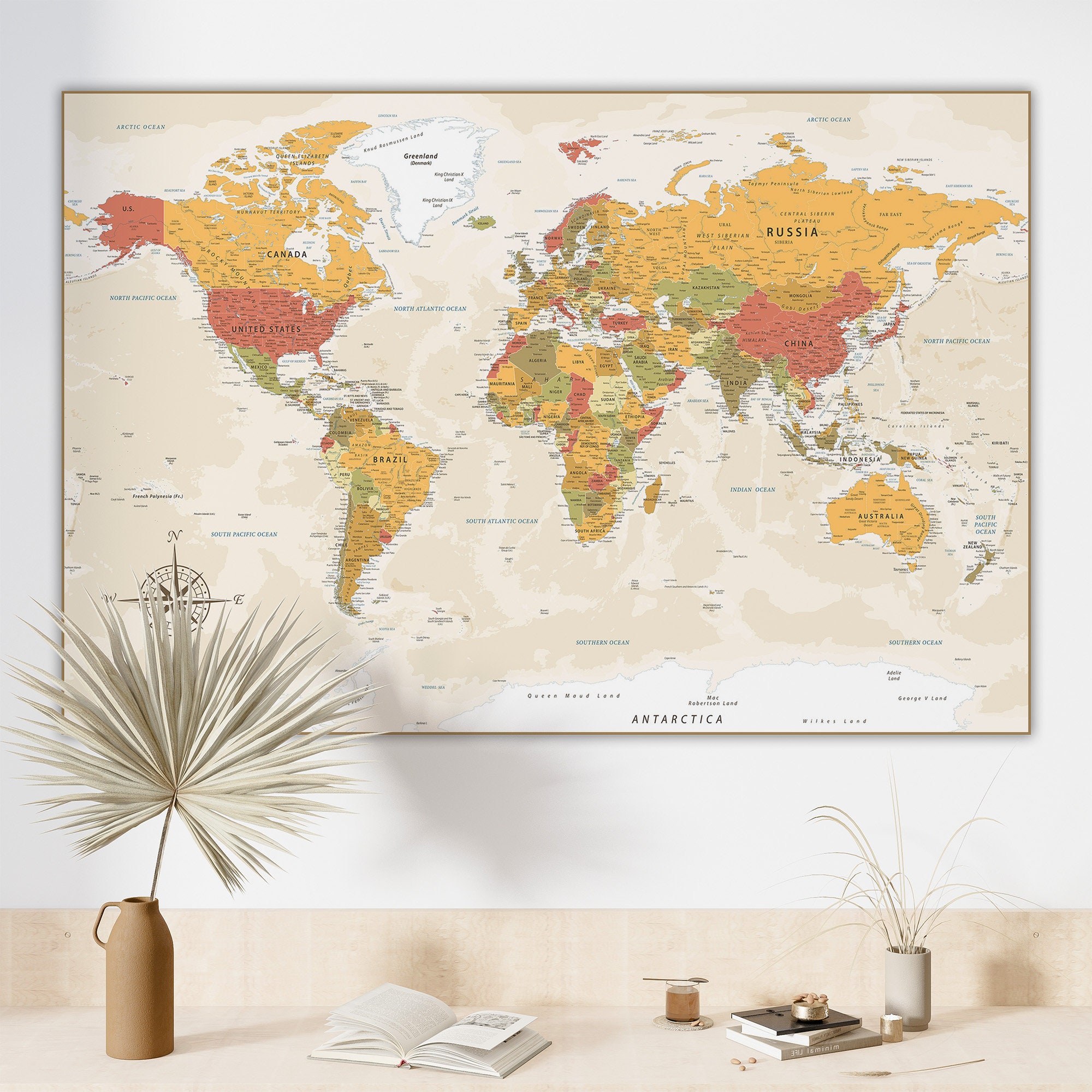 Printable World Map Natural Tones Styled High Resolution Map Perfect ...