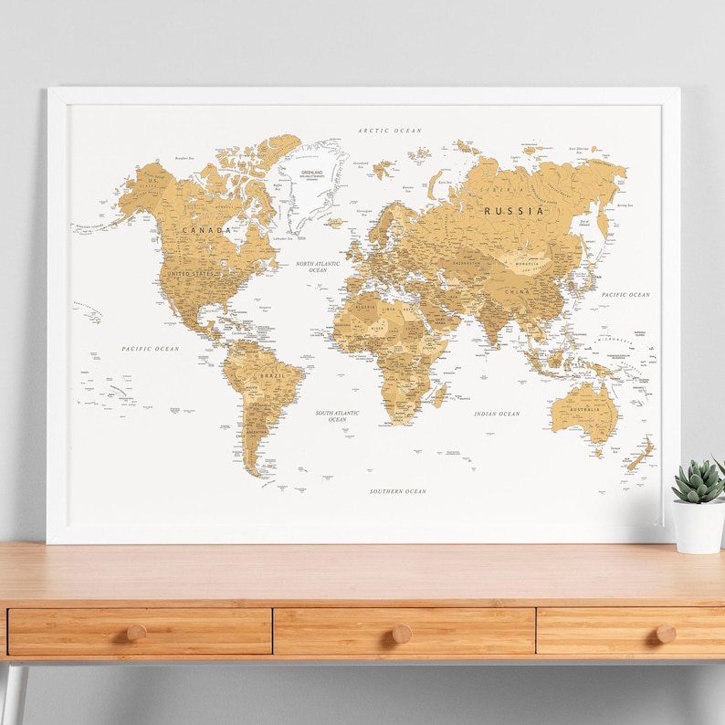 Large Beige World Map Printable - Classic Earth Tones Wall Art, Instant ...