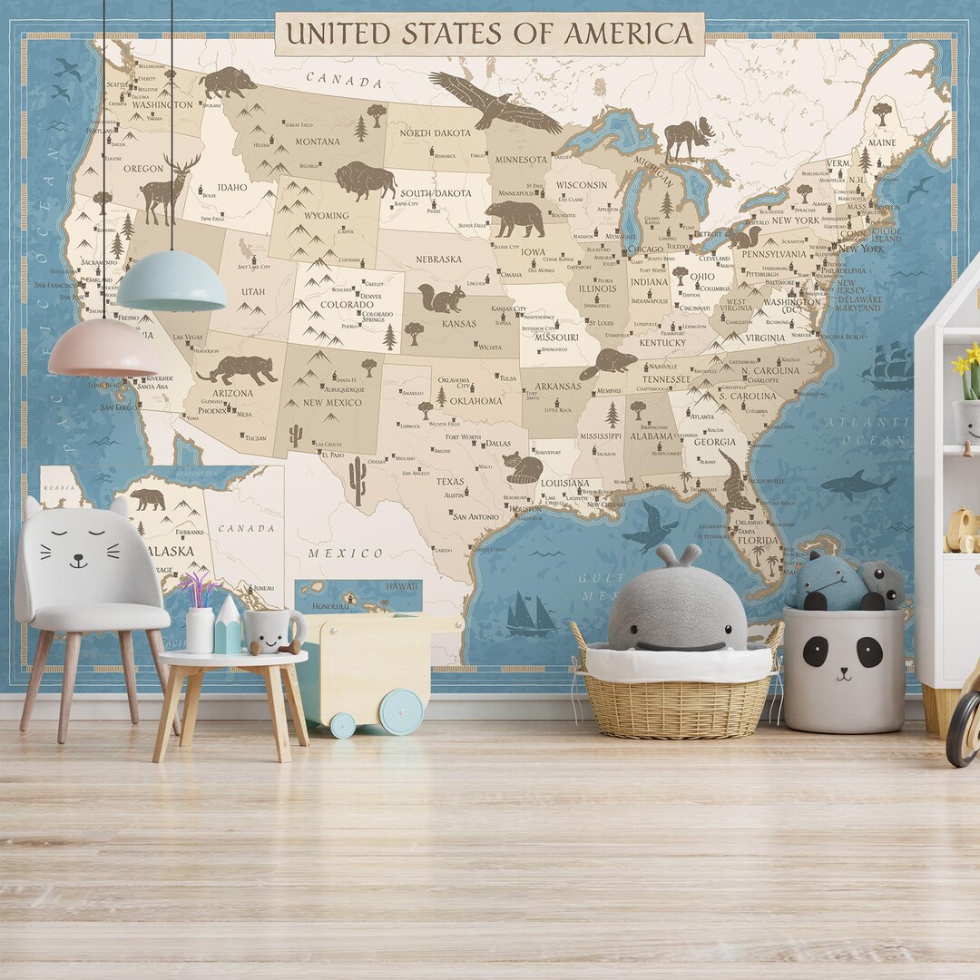 United States Map Blue Beige Educational Poster Printable Classroom ...