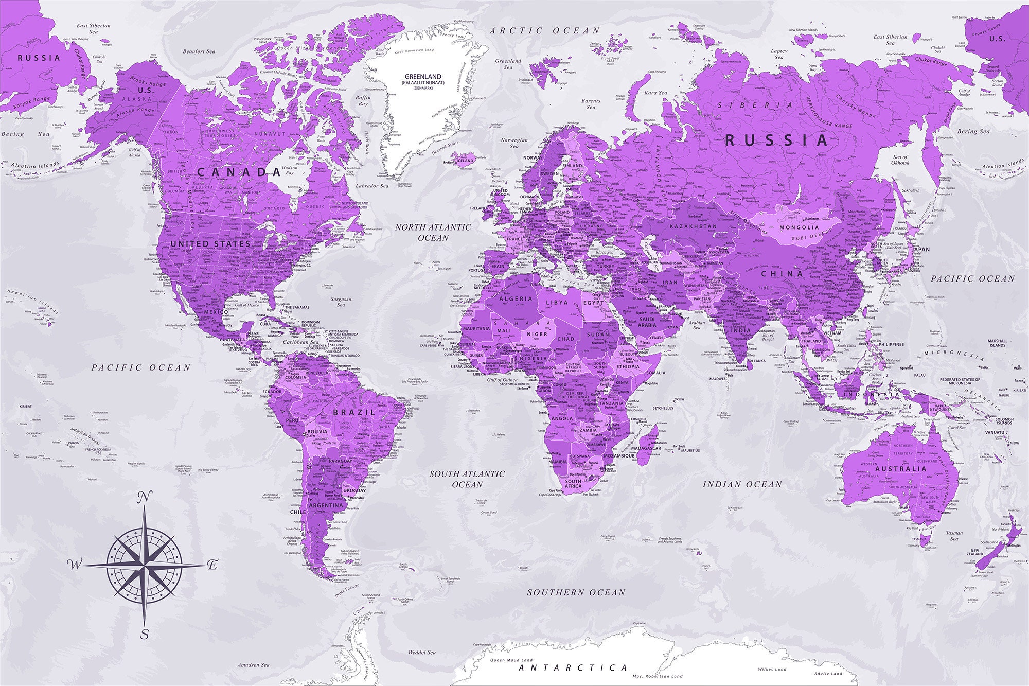 Printable Purple & Grey World Map - Styled High Resolution Map ...