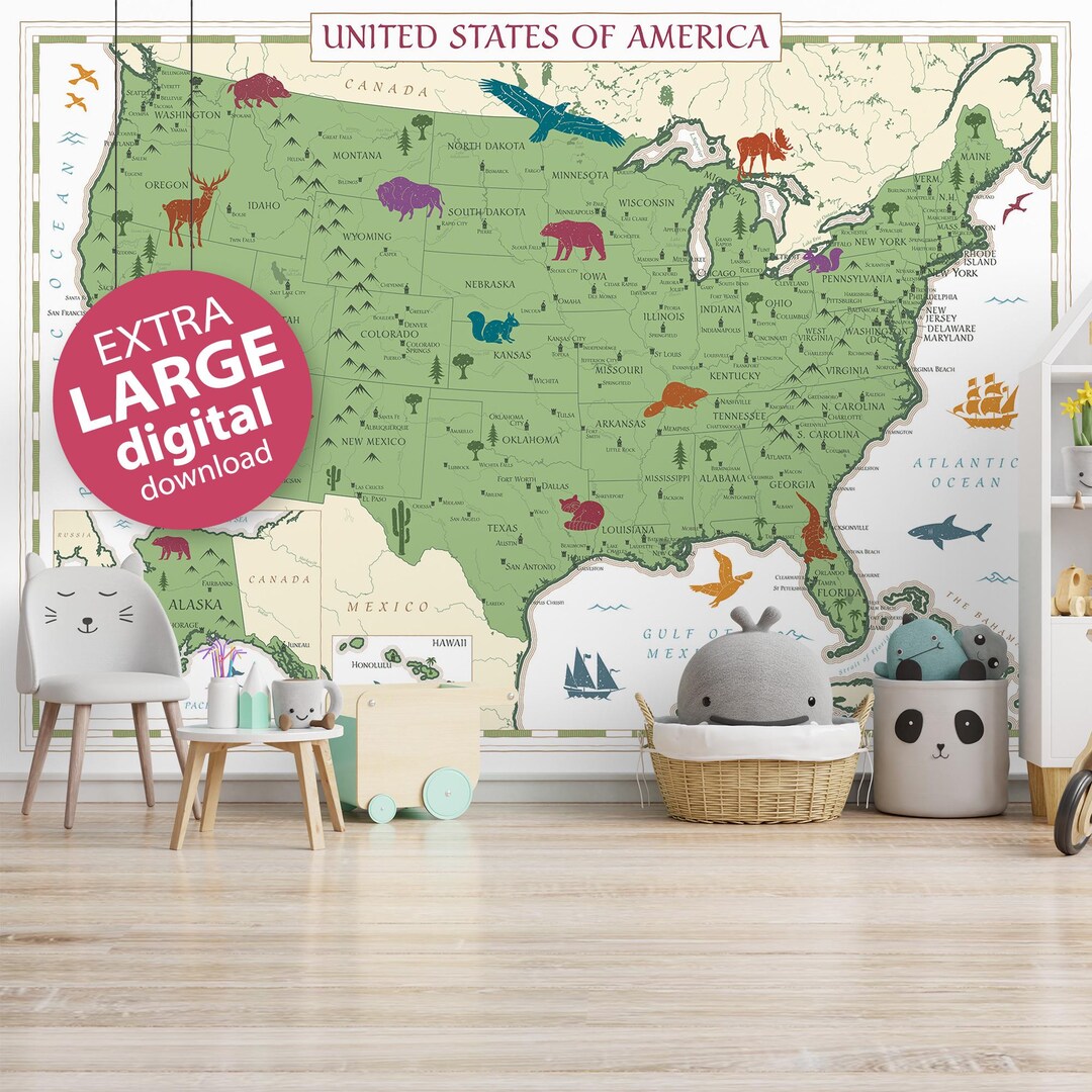 Kids USA Map Digital Download, Pastel Green US Map Poster, USA Map Kids ...