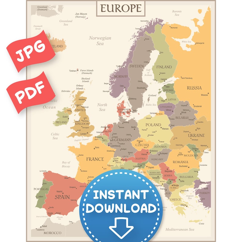 Europe Map Digital Download - Map of Europe | Printable Europe Map ...