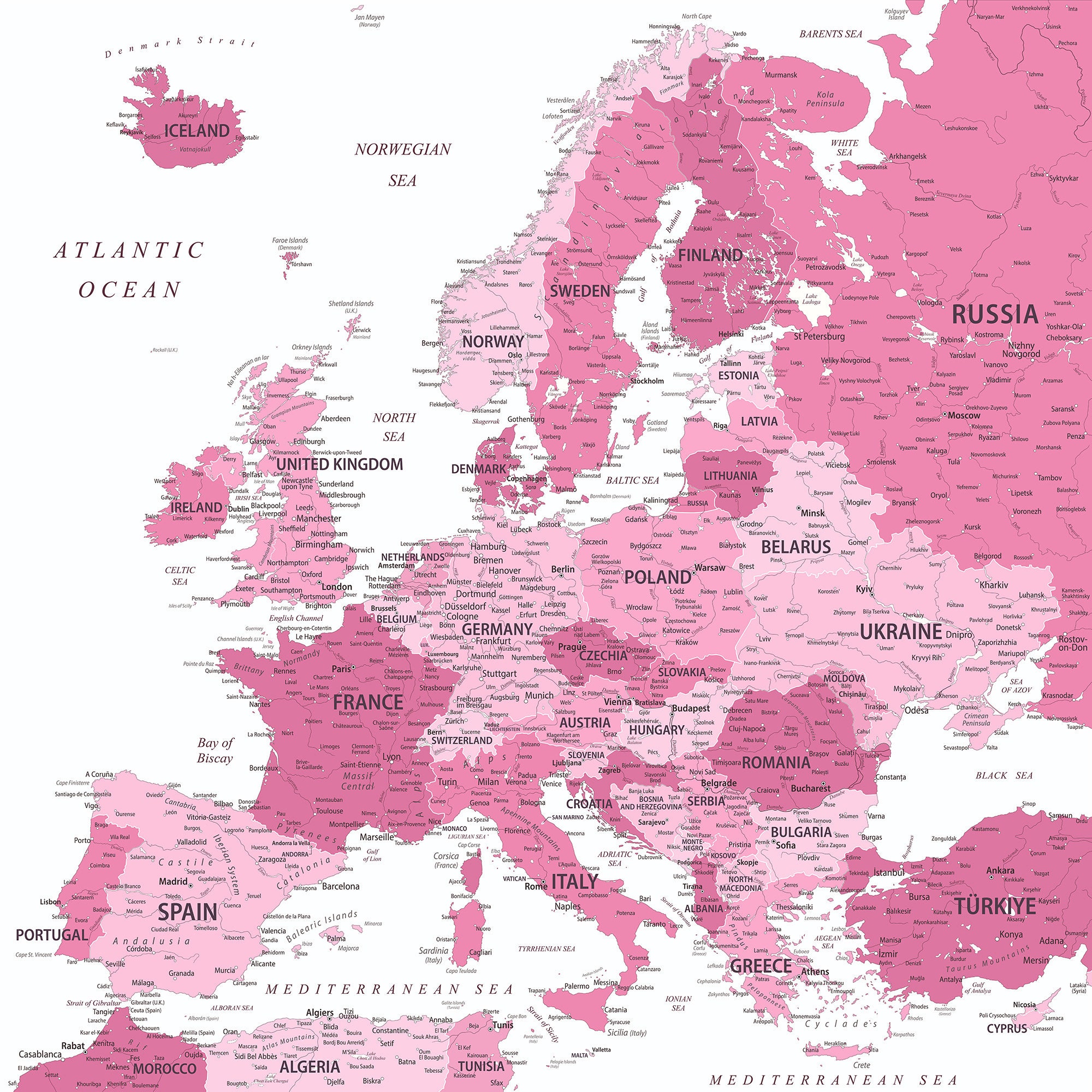 Detailed Map of Europe Digital Download. Printable Pink and White ...
