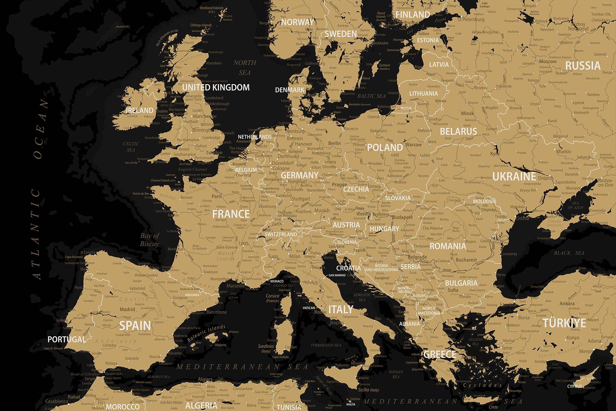 Highly Detailed Map of Europe - Instant Download Black and Gold Europe ...