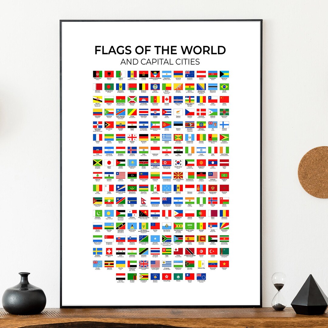 Flags of the World and Capital Cities Printable Poster, World Flags ...