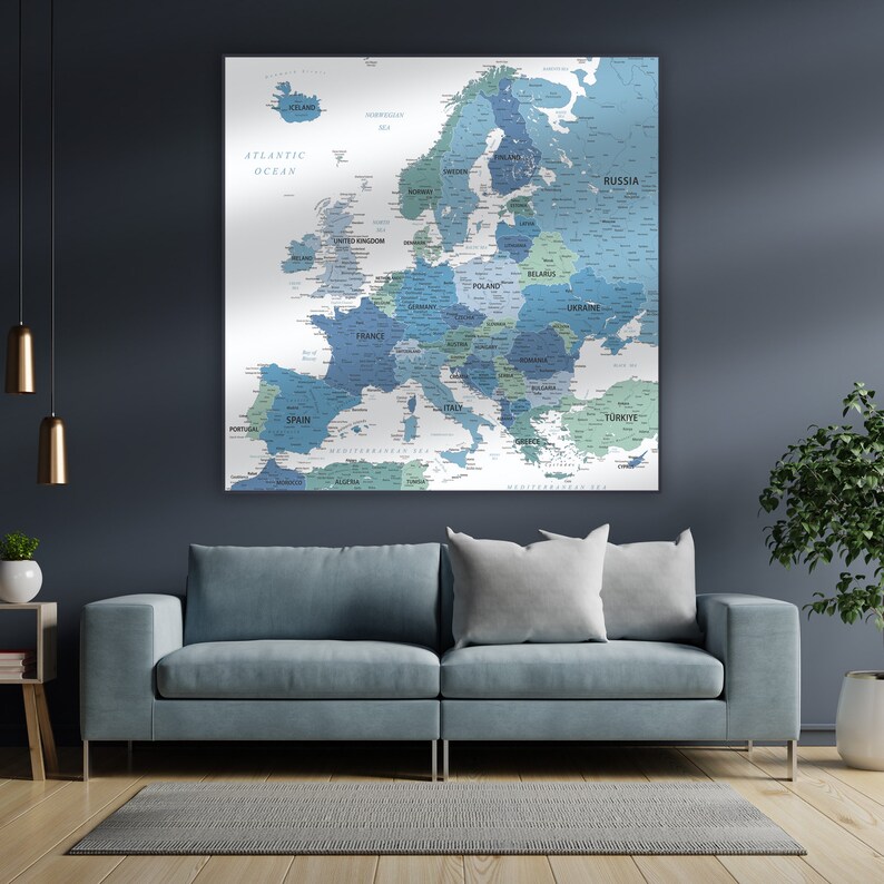 Highly Detailed Political Map of Europe Digital Download - Blue Neutral ...
