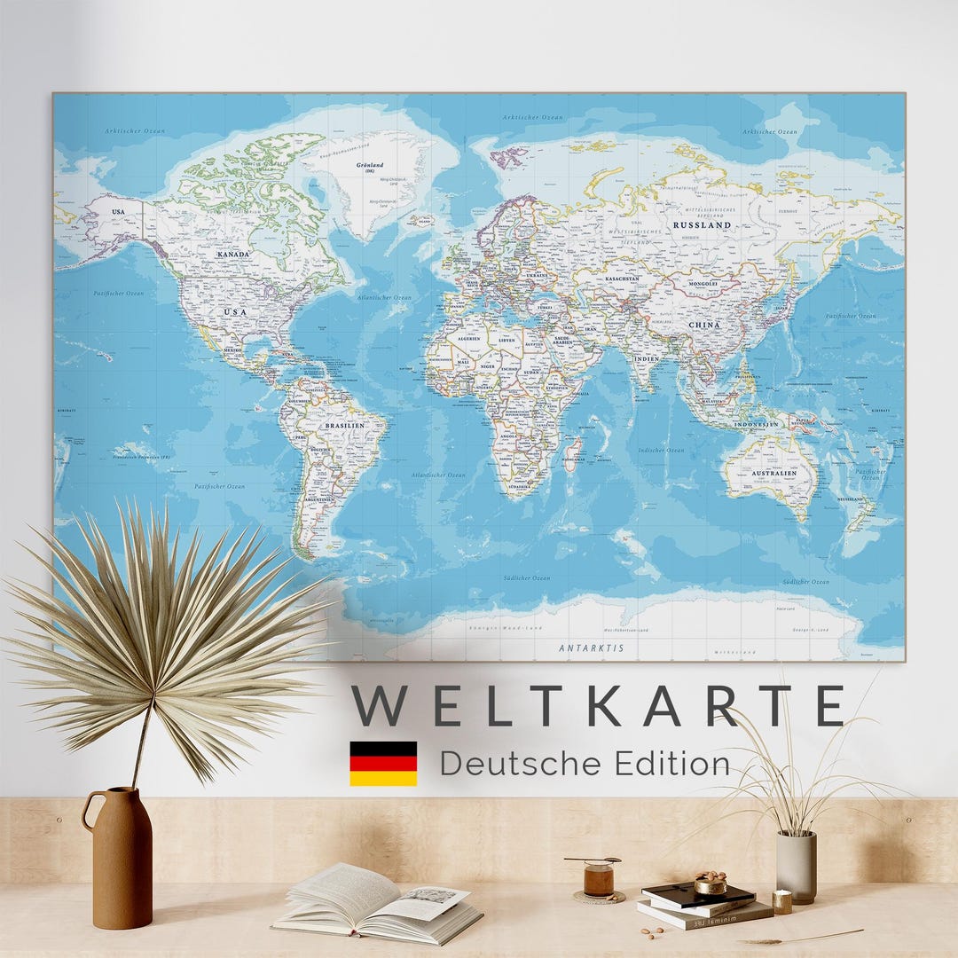 Detailed World Map German - Printable Blue & White Poster - Weltkarte ...