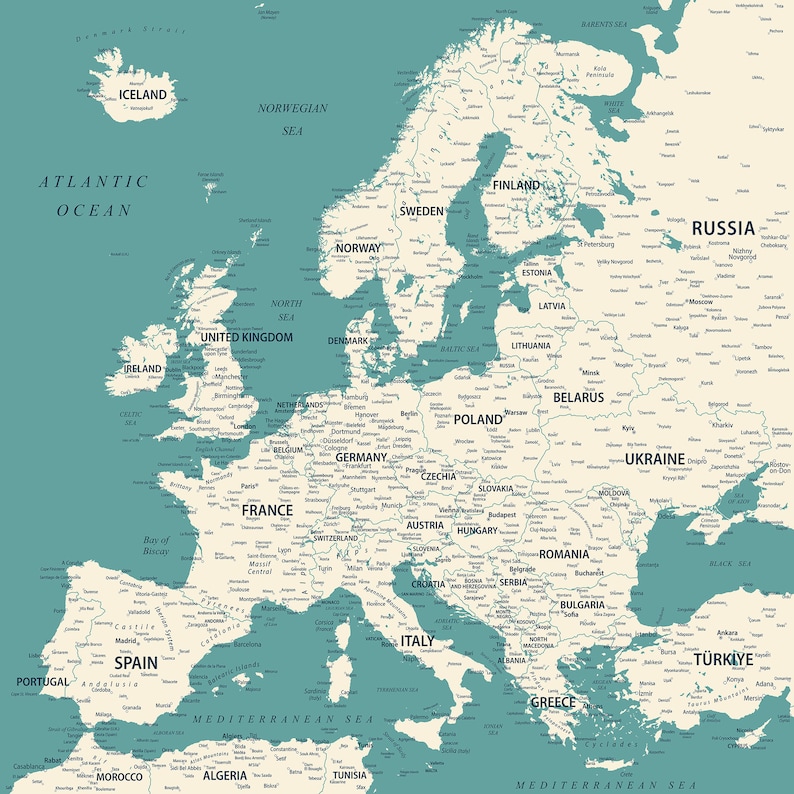 Modern Europe Map Printable | Blue Beige Travel Art | Instant Download ...