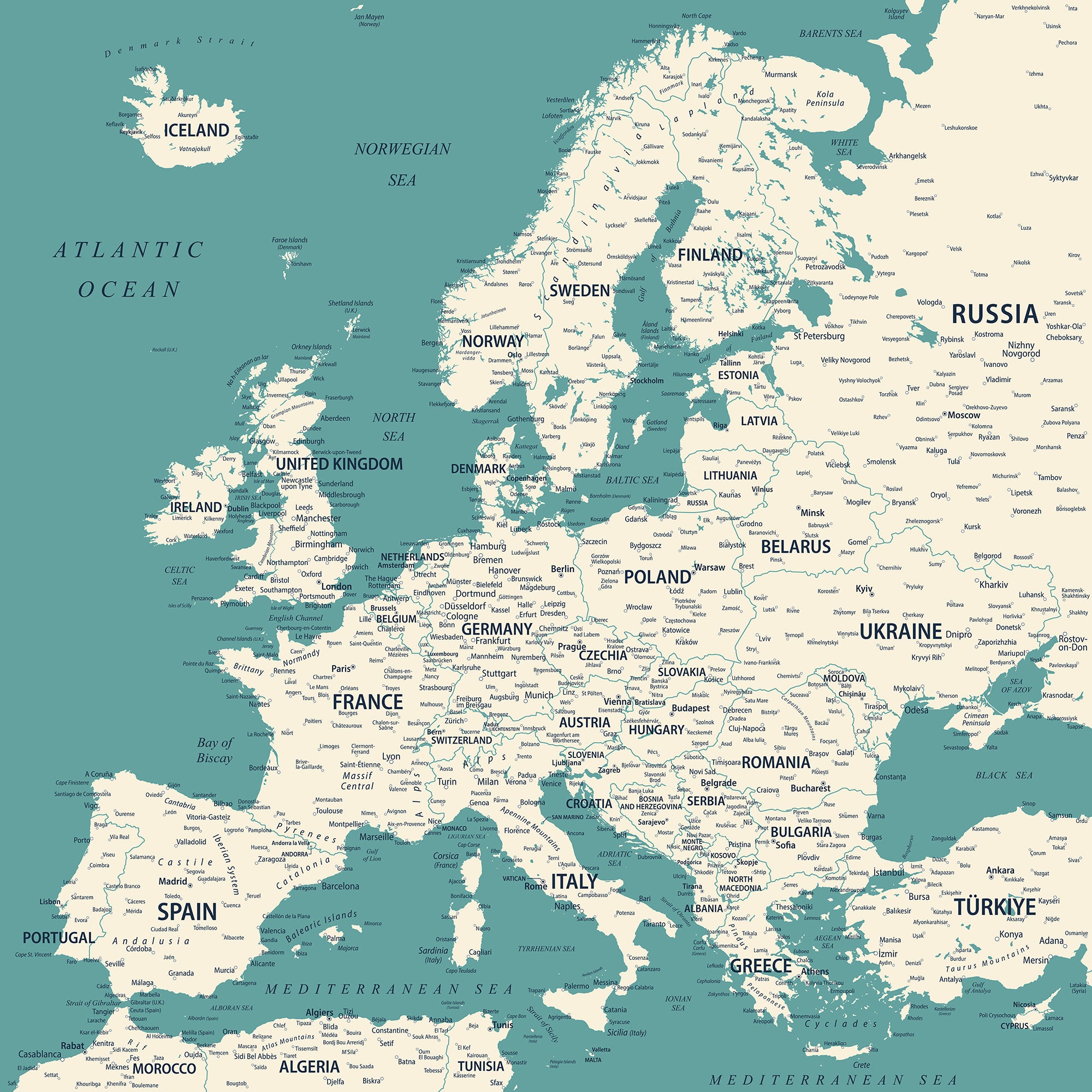 Modern Europe Map Printable | Blue Beige Travel Art | Instant Download ...